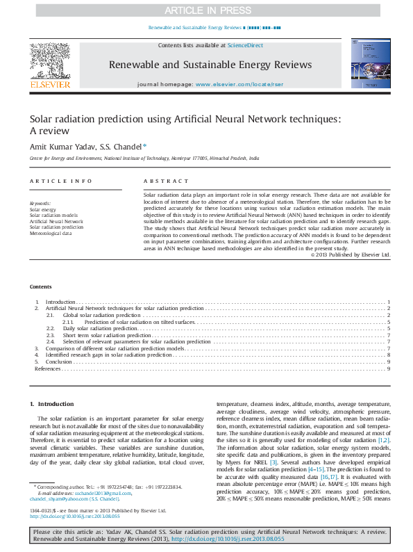 Pdf Solar Radiation Prediction Using Artificial Neural Network