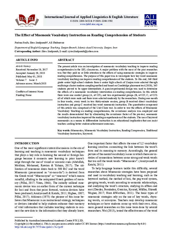 (PDF) The Effect of Mnemonic Vocabulary Instruction on Reading Comprehension of Students