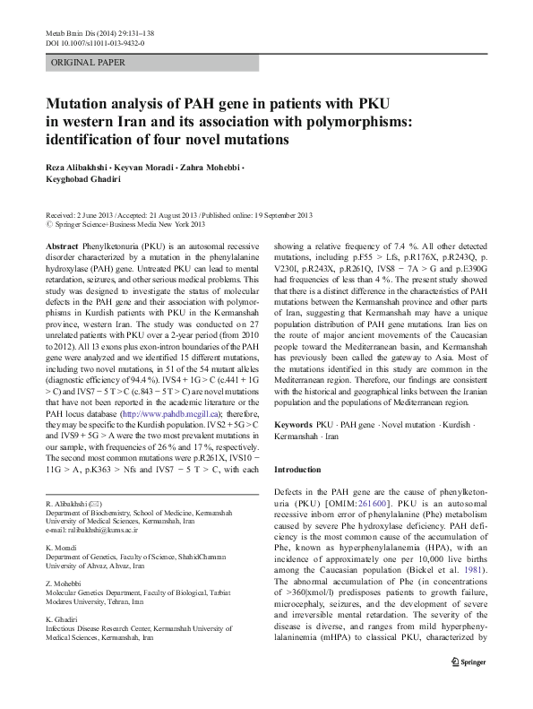 (PDF) Novel PAH Gene Mutations in PKU Patients Iran