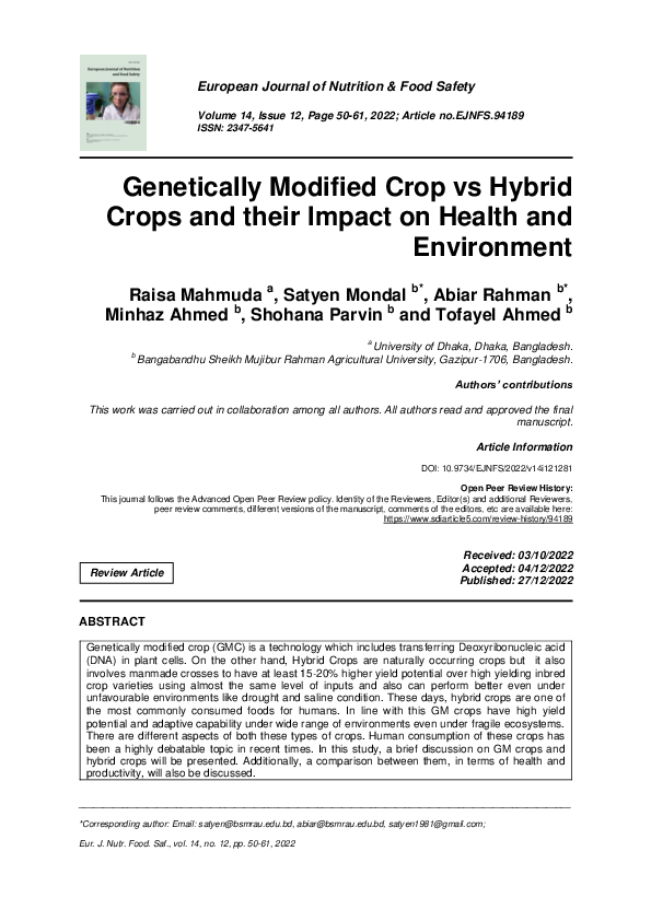 (PDF) Genetically Modified Crop vs Hybrid Crops and their Impact on Health and Environment
