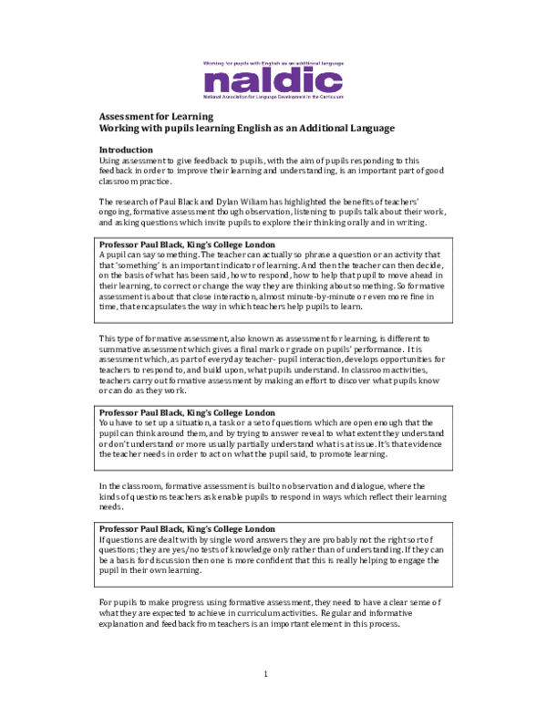 (PDF) Assessment for learning: Working with pupils learning English as ...