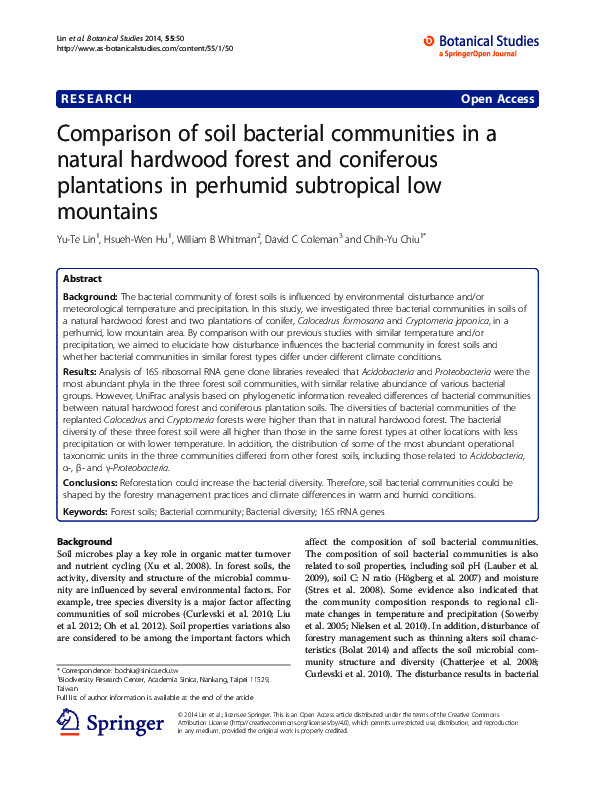 (PDF) Comparison of soil bacterial communities in a natural hardwood forest and coniferous ...