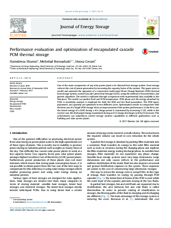 Pdf Performance Evaluation And Optimization Of Encapsulated Cascade Pcm Thermal Storage
