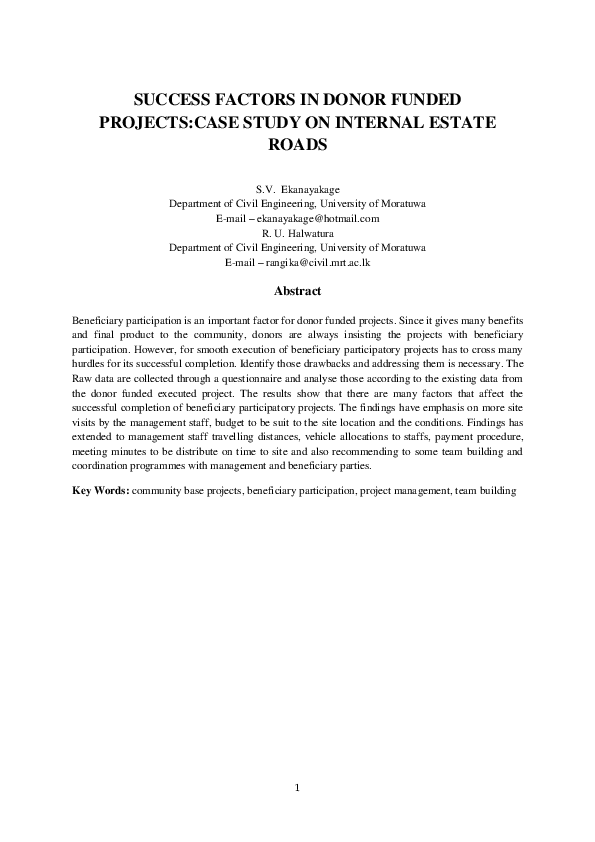 (PDF) Success factors in donor funded projects: case study on internal estate roads