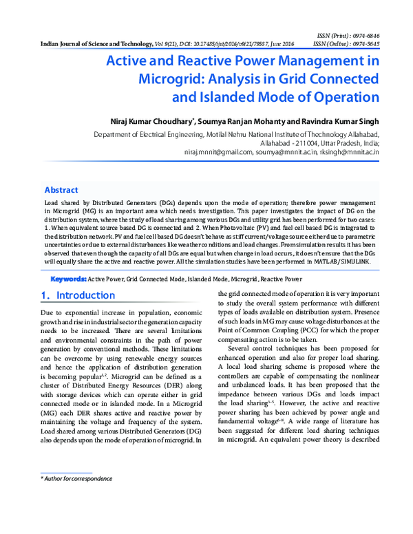(PDF) Active and Reactive Power Management in Microgrid: Analysis in Grid Connected and Islanded ...