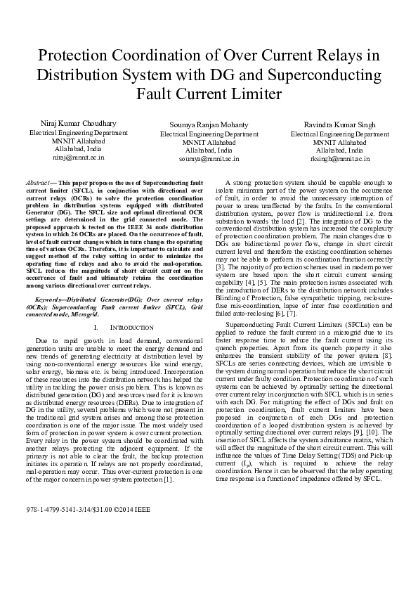 Pdf Protection Coordination Of Over Current Relays In Distribution System With Dg And