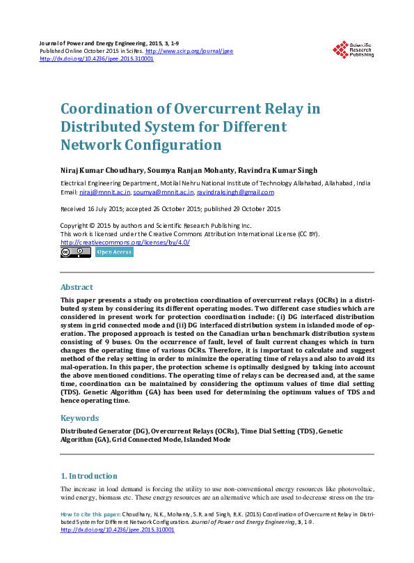 (PDF) Protection Coordination of Over Current Relays in Distributed System for Different ...