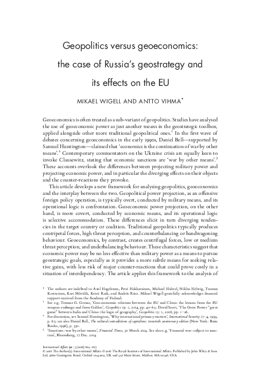 (PDF) Geopolitics versus geoeconomics: the case of Russia's geostrategy and its effects on the EU