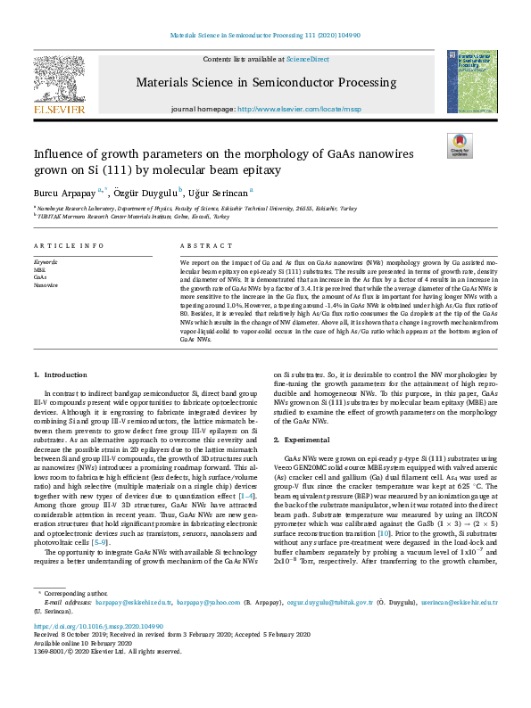 (PDF) Influence of growth parameters on the morphology of GaAs nanowires grown on Si (111) by ...