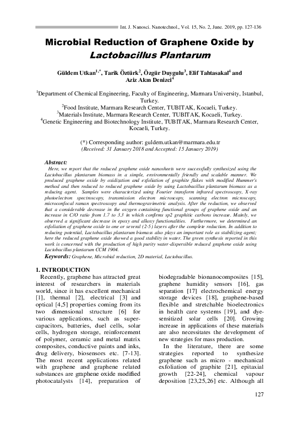 (PDF) Microbial Reduction of Graphene Oxide by Lactobacillus Plantarum ...