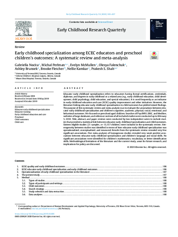 (PDF) Early childhood specialization among ECEC educators and preschool children’s outcomes: A ...