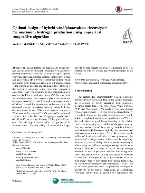 (PDF) Optimal design of hybrid wind/photovoltaic electrolyzer for ...