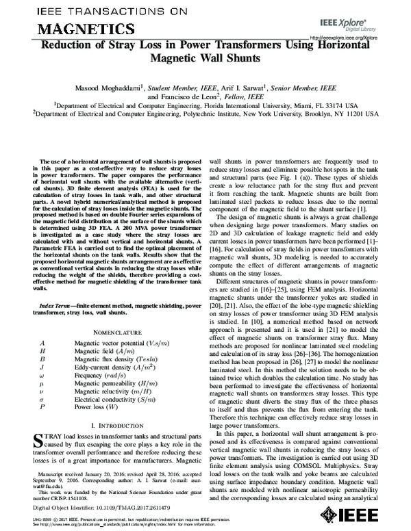 (PDF) Reduction of Stray Loss in Power Transformers Using Horizontal Magnetic Wall Shunts