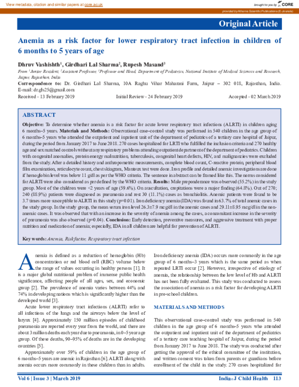 (PDF) Anemia as a Risk Factor for Lower Respiratory Tract Infection in ...