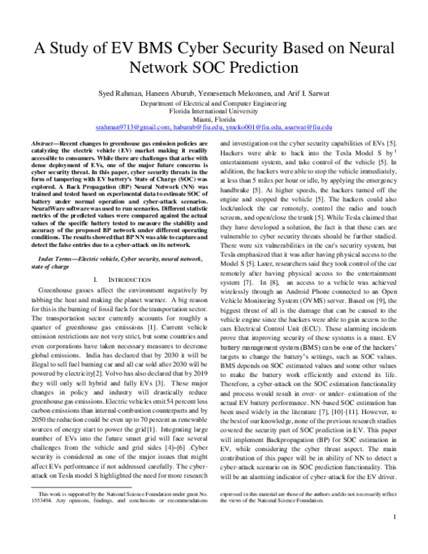 (PDF) A Study of EV BMS Cyber Security Based on Neural Network SOC Prediction