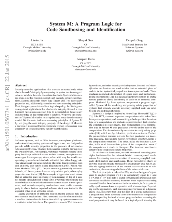 (PDF) System M: A Program Logic for Code Sandboxing and Identification