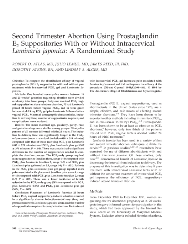 (PDF) Second trimester abortion using prostaglandin E2 suppositories with or without ...