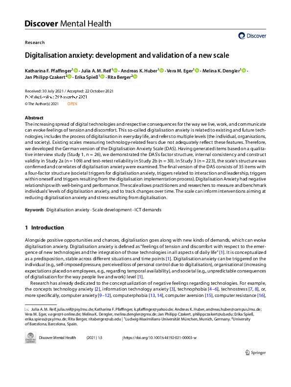 (PDF) Digitalisation anxiety: development and validation of a new scale