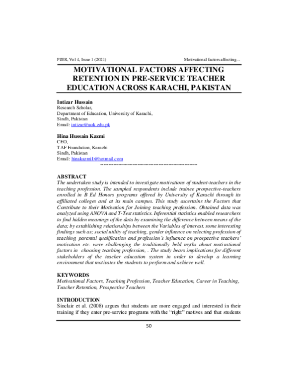 (PDF) Motivational Factors Affecting Retention in Pre-Service Teacher ...