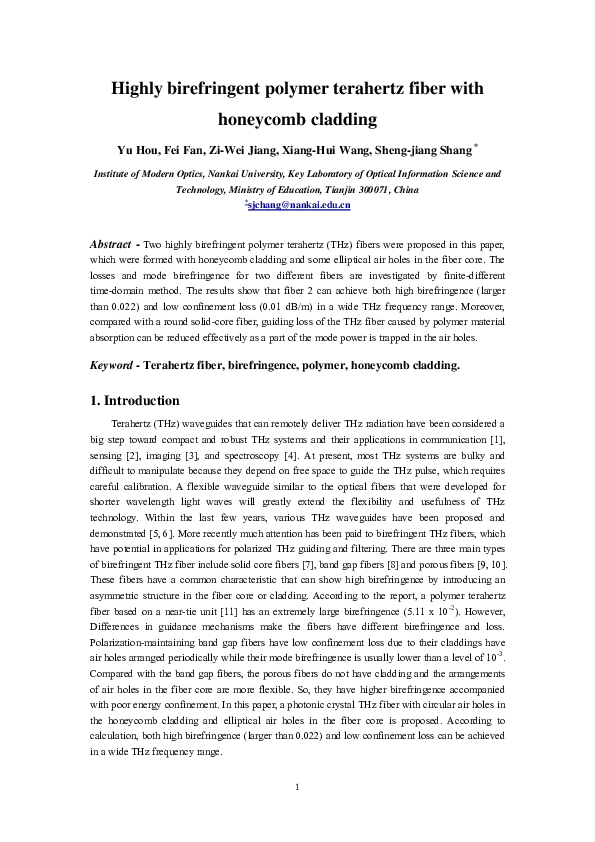 (PDF) Highly birefringent polymer terahertz fiber with honeycomb cladding