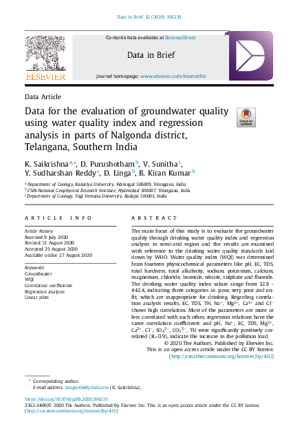 (PDF) Data for the evaluation of groundwater quality using water quality index and regression ...