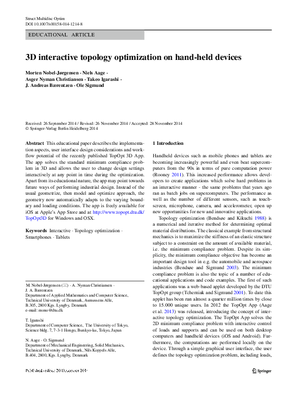 (PDF) 3D interactive topology optimization on hand-held devices