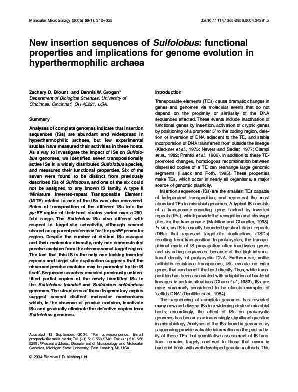 (PDF) New insertion sequences of Sulfolobus: functional properties and implications for genome ...