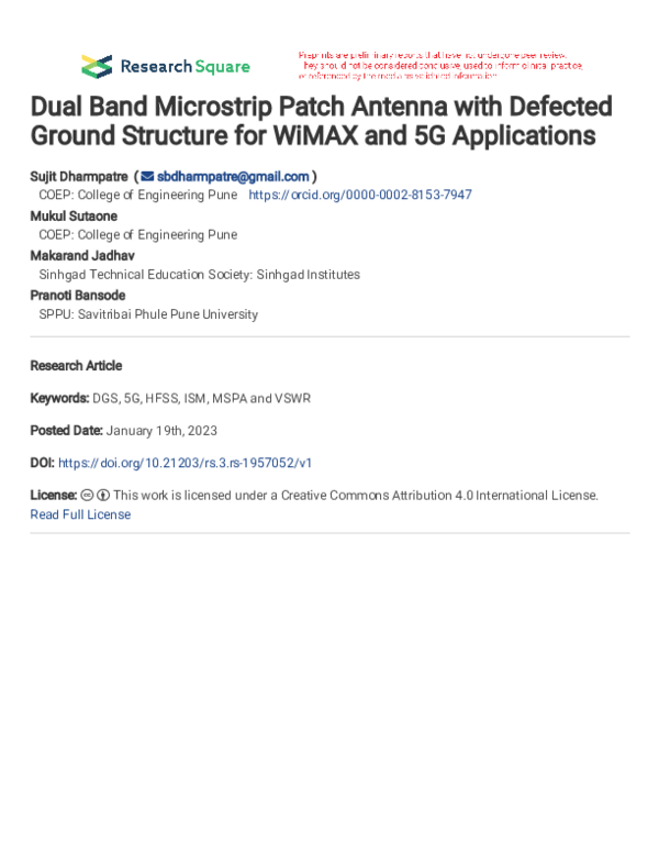 Pdf Dual Band Microstrip Patch Antenna With Defected Ground Structure For Wimax And 5g