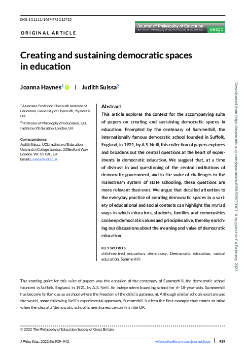 (PDF) Creating and sustaining democratic spaces in education