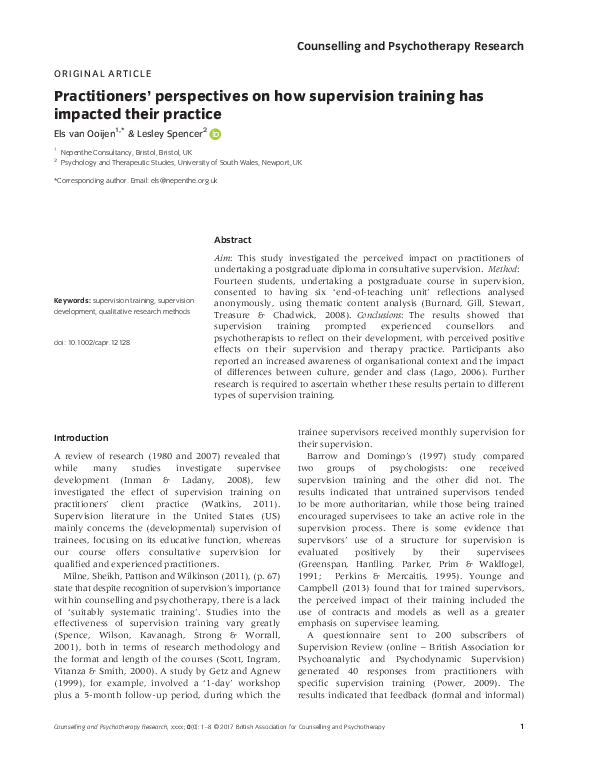 (PDF) Practitioners' perspectives on how supervision training has ...
