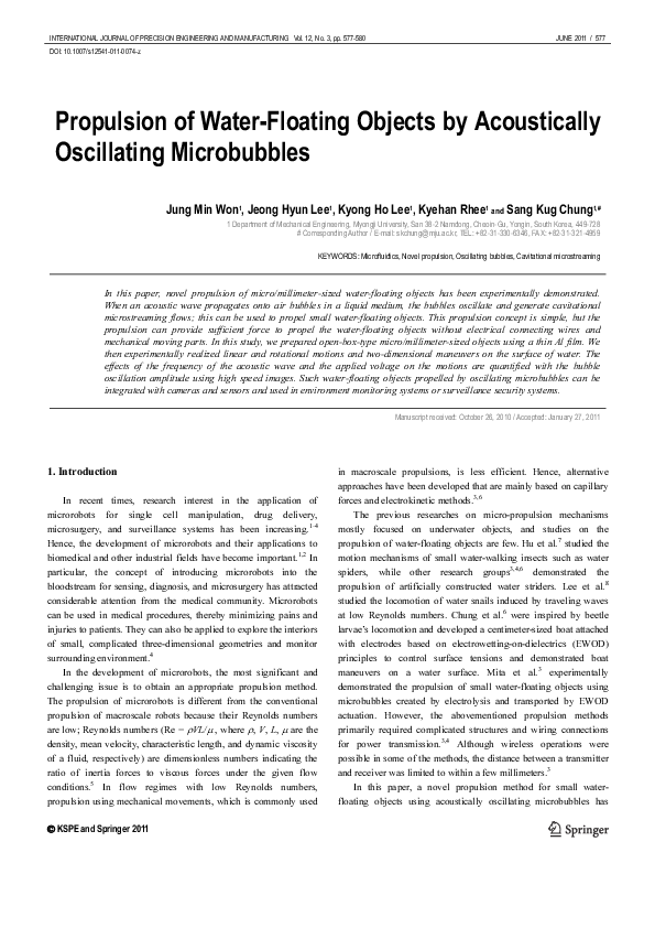 (PDF) Propulsion of water-floating objects by acoustically oscillating microbubbles