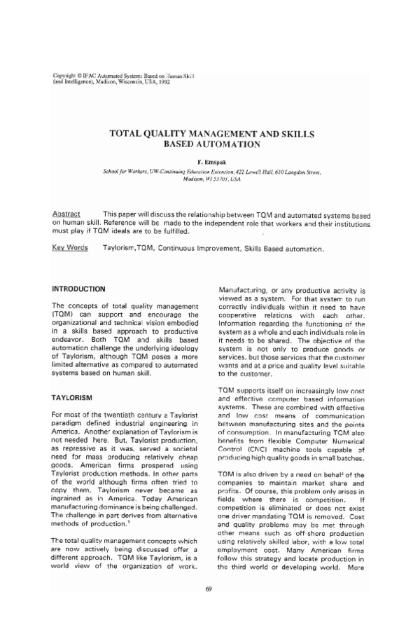 (PDF) Total quality management and skills based automation