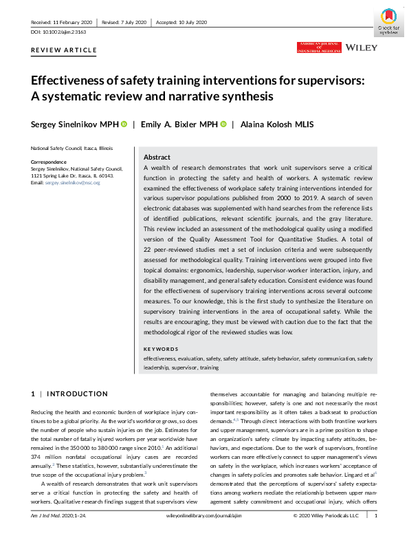 (PDF) Effectiveness of safety training interventions for supervisors: A ...