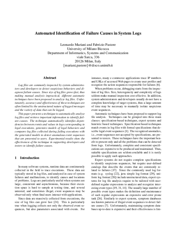 (PDF) Automated Identification of Failure Causes in System Logs
