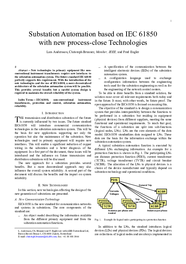 (PDF) Substation Automation based on IEC 61850 with new process-close Technologies