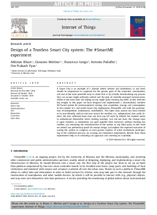 (PDF) Design of a Trustless Smart City system: The #SmartME experiment