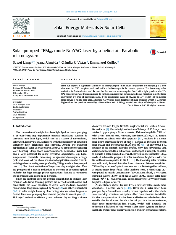 (PDF) High Brightness Solar-Pumped Nd:YAG Laser