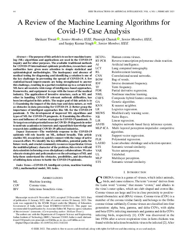 (PDF) A Review of the Machine Learning Algorithms for Covid-19 Case Analysis