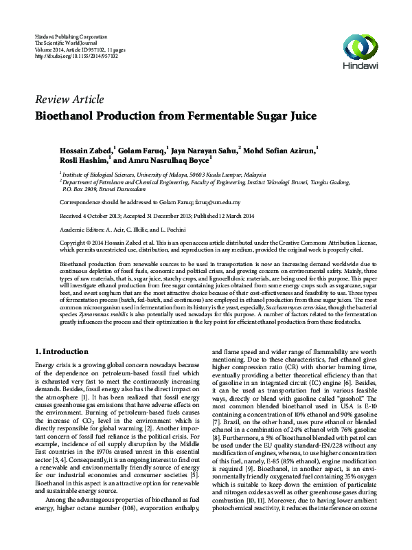 (PDF) Bioethanol Production from Fermentable Sugar Juice