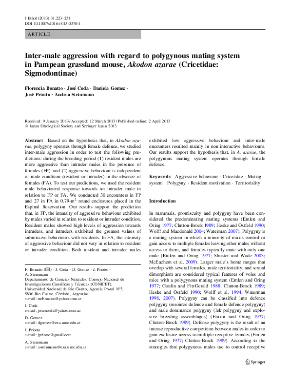 (PDF) Inter-Male Aggression in Polygynous Akodon Azarae Mating