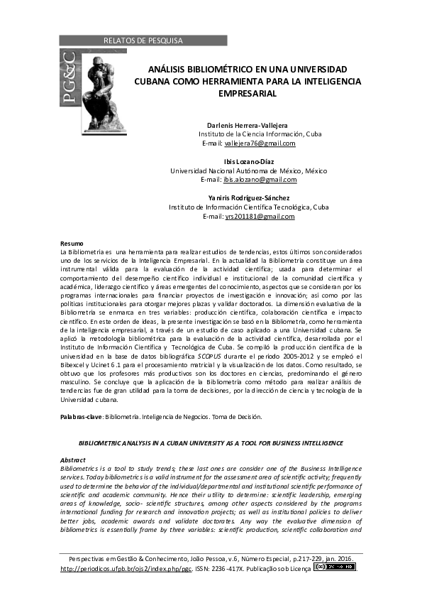 (PDF) Análisis Bibliométrico en Una Universidad Cubana Como Herramienta Para La Inteligencia ...