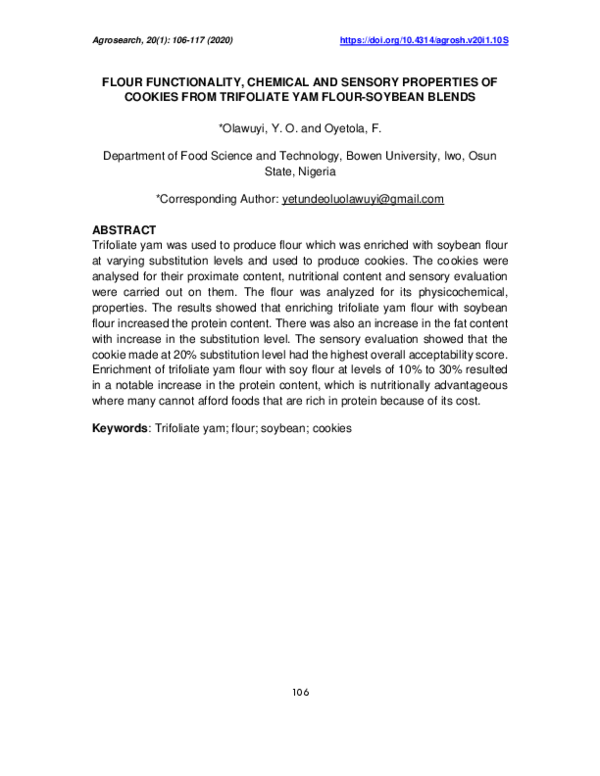 (PDF) Flour functionality, chemical and sensory properties of cookies from trifoliate yam flour ...