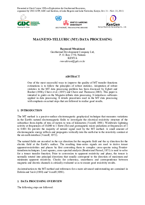 (PDF) Magneto-telluric (MT) data processing