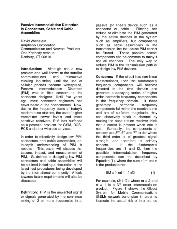 (PDF) Passive Intermodulation Distortion in Connectors, Cable and Cable Assemblies