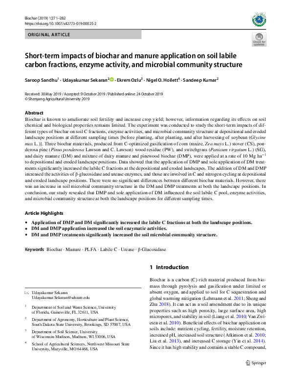(PDF) Short-term impacts of biochar and manure application on soil labile carbon fractions ...