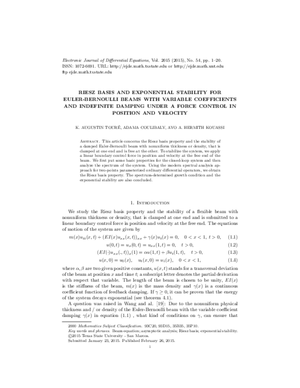 (PDF) Riesz basis and exponential stability for Euler-bernoulli beams with variable coefficients ...