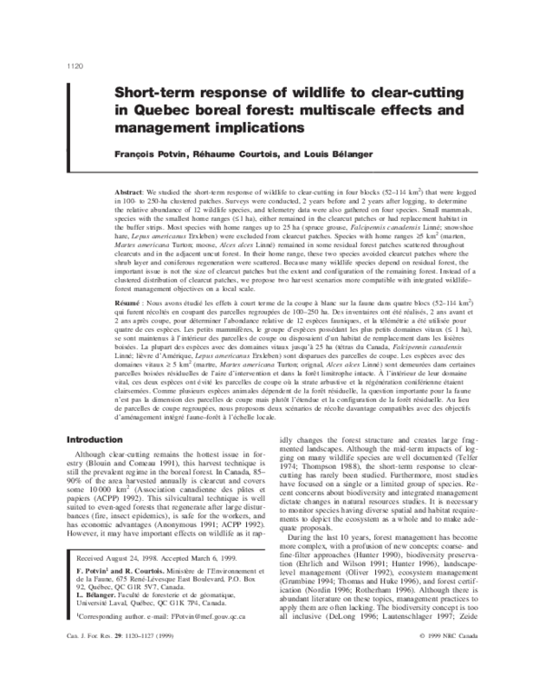 (PDF) Short-term response of wildlife to clear-cutting in Quebec boreal ...