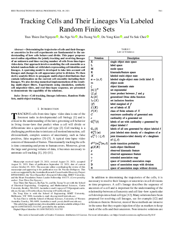 (PDF) Tracking Cells and Their Lineages Via Labeled Random Finite Sets