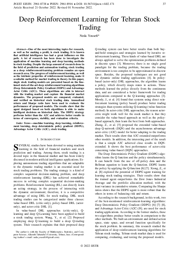 Pdf Deep Reinforcement Learning For Tehran Stock Trading