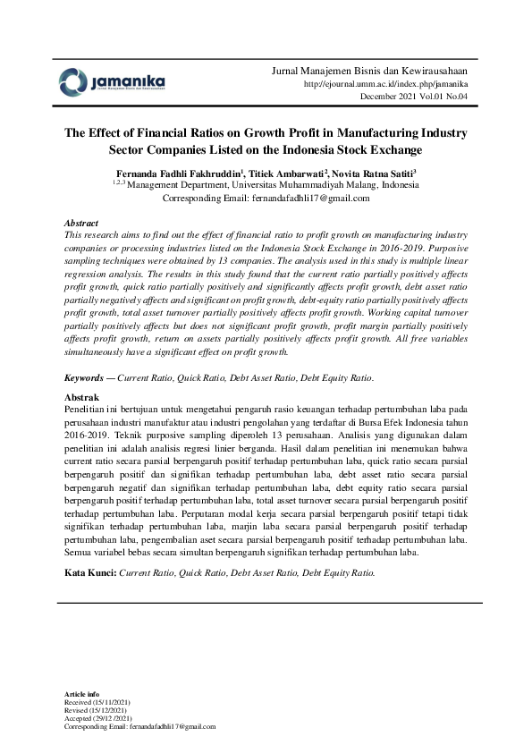 (PDF) The Effect of Financial Ratios on Growth Profit in Manufacturing ...